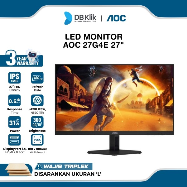 Led Monitor Gaming AOC 27G4E 27" Fhd Ips 180Hz 0,5ms Adaptive Sync Hdmi Dp