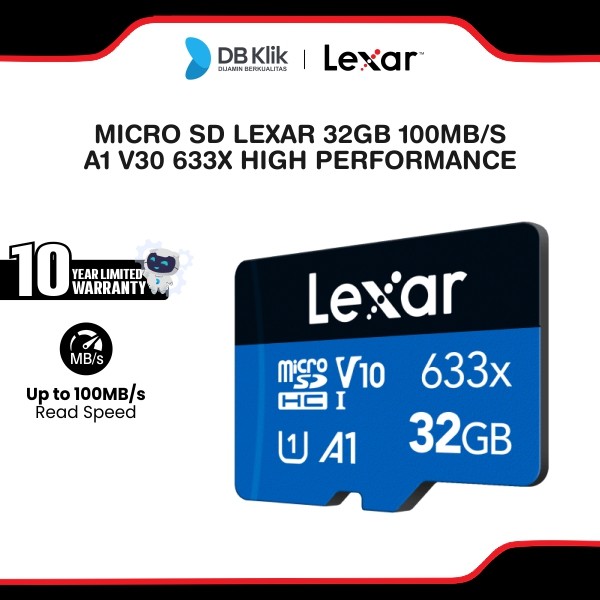 Micro SD Lexar 32GB 100MB/s A1 V10 633X High Performance SDHC UHS-I Card Blue Series